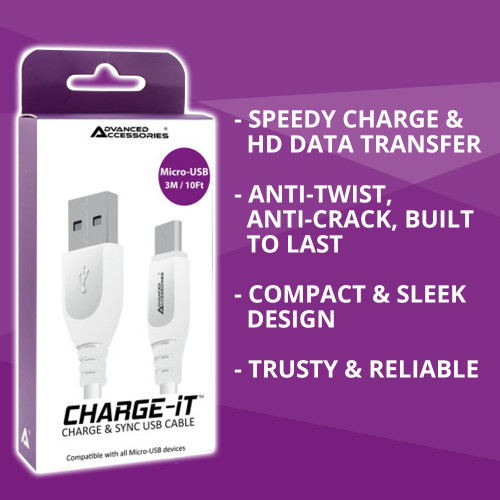 AA CHARGE-IT MicroUSB Cable - 1 Metre-White