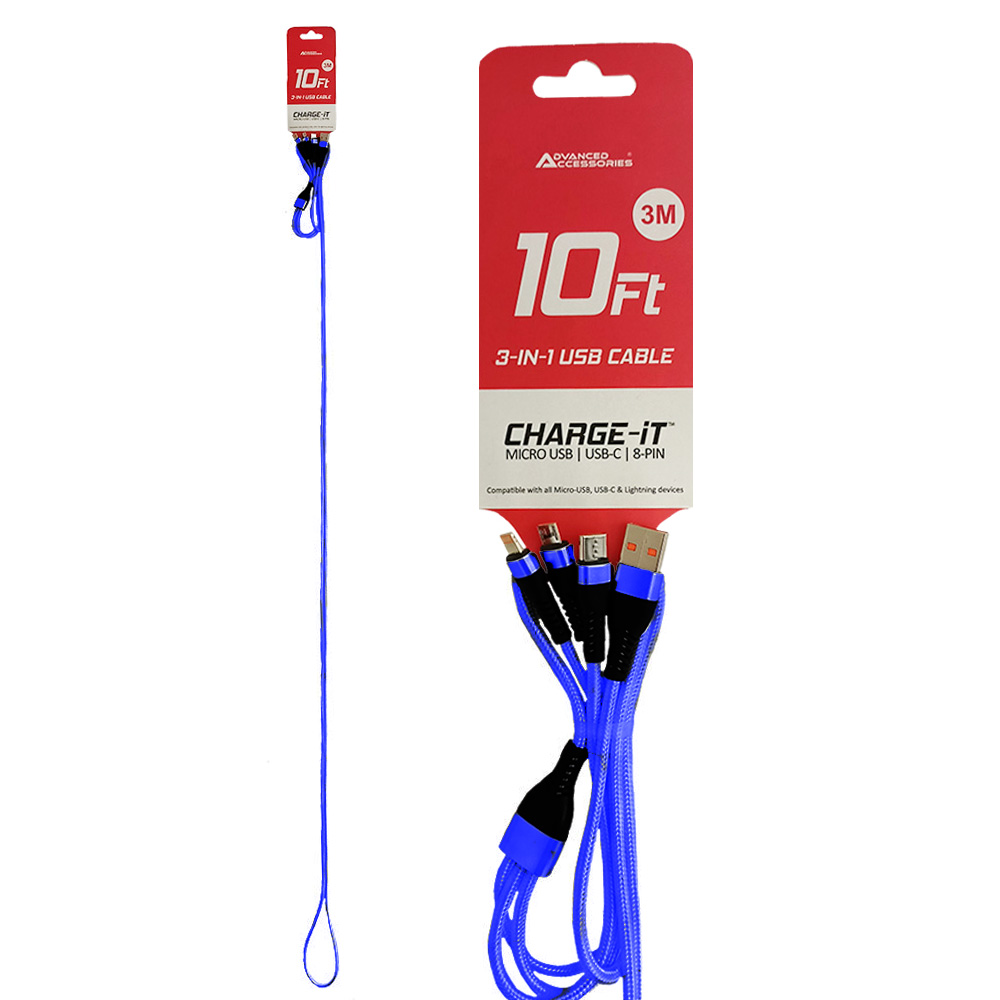 AA CHARGE-iT Premium 3in1 (3M) USB Cable - 8 Pin/USB-C/MicroUSB - Blue